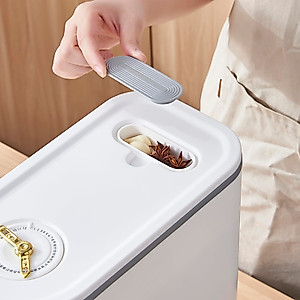 Sooyee 11 Lbs Rice Container, Large Grain Container Storage with Lid Measuring Cylinder Moisture Proof Household Cereal Dispenser Bucket for Kitchen Soybean Corn,White and Grey