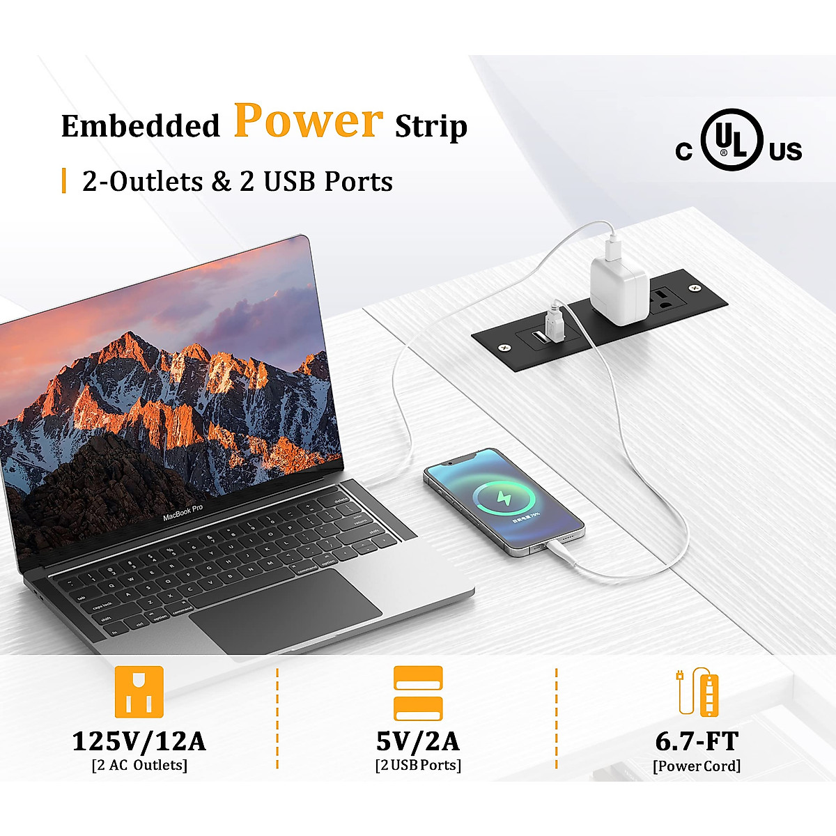 Mr IRONSTONE L Shaped Desk with Outlets & USB Ports, Reversible 47 Inch Office Desk, Corner Desk for Small Space, Home Office Desk with Storage Bag & Hook, White