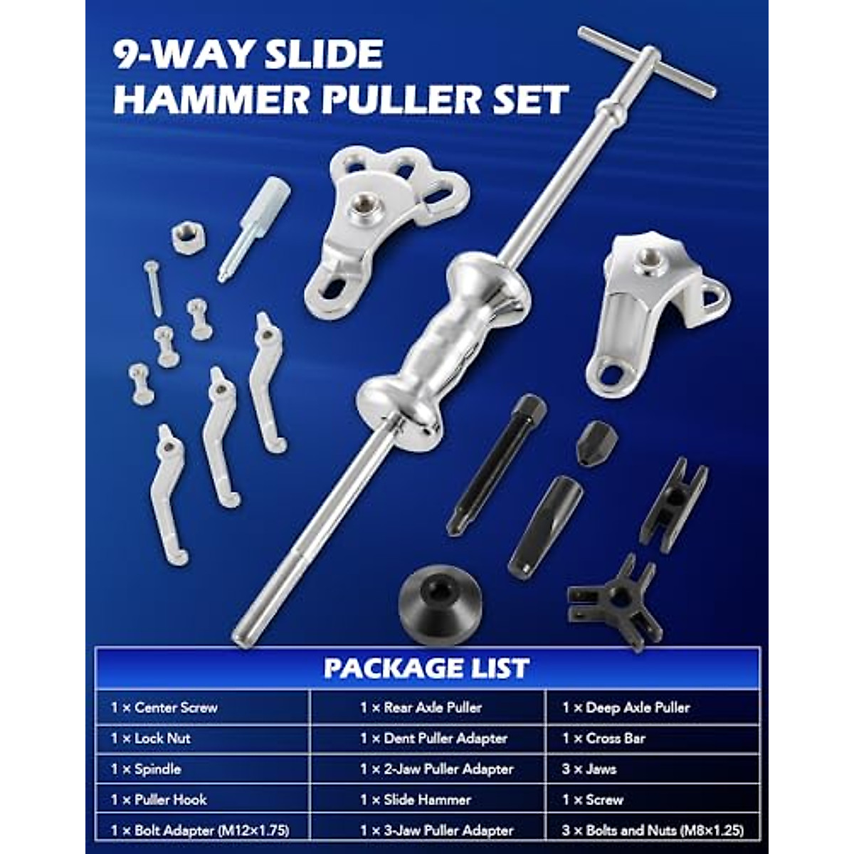 Orion Motor Tech Slide Hammer, 9-Way Internal/External Slide Hammer Puller Set - Pulls Hubs, Rear Wheel Axle Shafts, Bearings, Bushings, Seals, Retainers