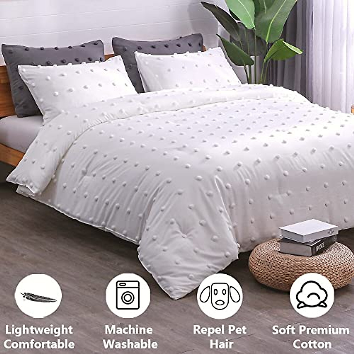 Paxrac Tuffed White Comforter Set King Size(104x90 inches), 3 Pieces- Soft Cotton Lightweight Comforter with 2 Pillowcases, Chenille Dots All Season Down Alternative Comforter Set for Bedding