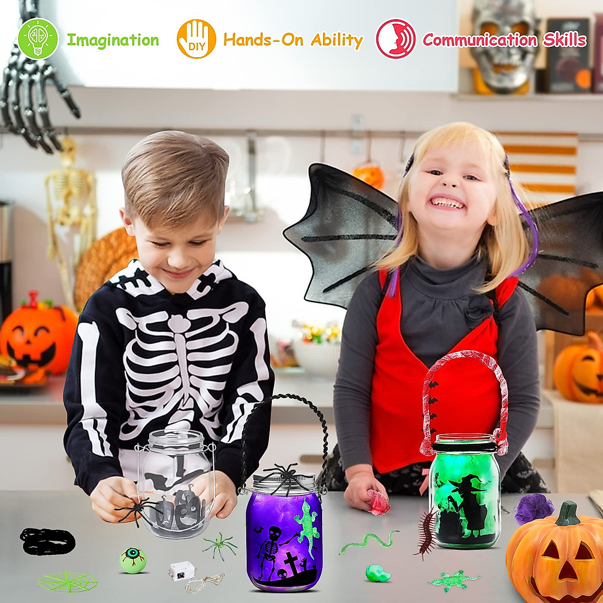 ShyLizard 3Pack Halloween Crafts for Kids, Halloween Mason Jar with Accessories, Halloween DIY Arts and Crafts Kits, Halloween Art Activities for Kids Age 3 4 5 6 7 8 9 10 Years, Halloween DIY Crafts