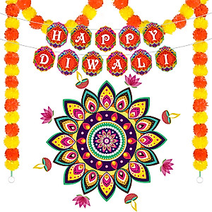 MOVINPE Diwali Decorations Set for Home, Rangoli Stickers For Floor Entrance Wall Porch Marigold Garland Happy Diwali Banner Indian Diwali Diyas Rangoli Decoration