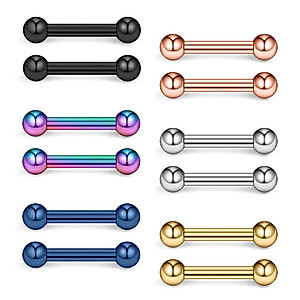 Ruifan Mix Color 316L Stainless Steel Nipple PA Tongue Shield Barbell Ring Bar Body Piercing Retainer 12G 10mm 12PCS