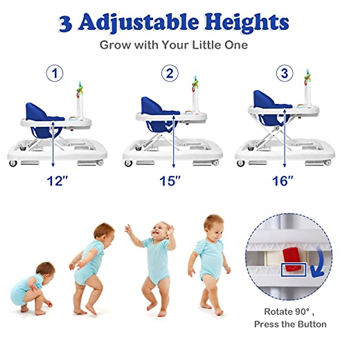 INFANS Foldable Activity Baby Walker, 2 in 1 Anti-Rollover Toddler Walker Helper with Adjustable Height and Speed Safety Belt, Music Center for Boys and Girls (Blue)