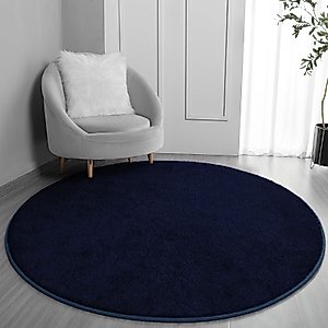 FlyDOIT Round Area Rugs for Bedroom Living Room, 4x4 Navy Blue Super Soft Comfy Thickened Memory-Foam Indoor Circle Carpets, Modern Aesthetic Minimalist Carpet for Boys Girls Adults Nursery Home Décor
