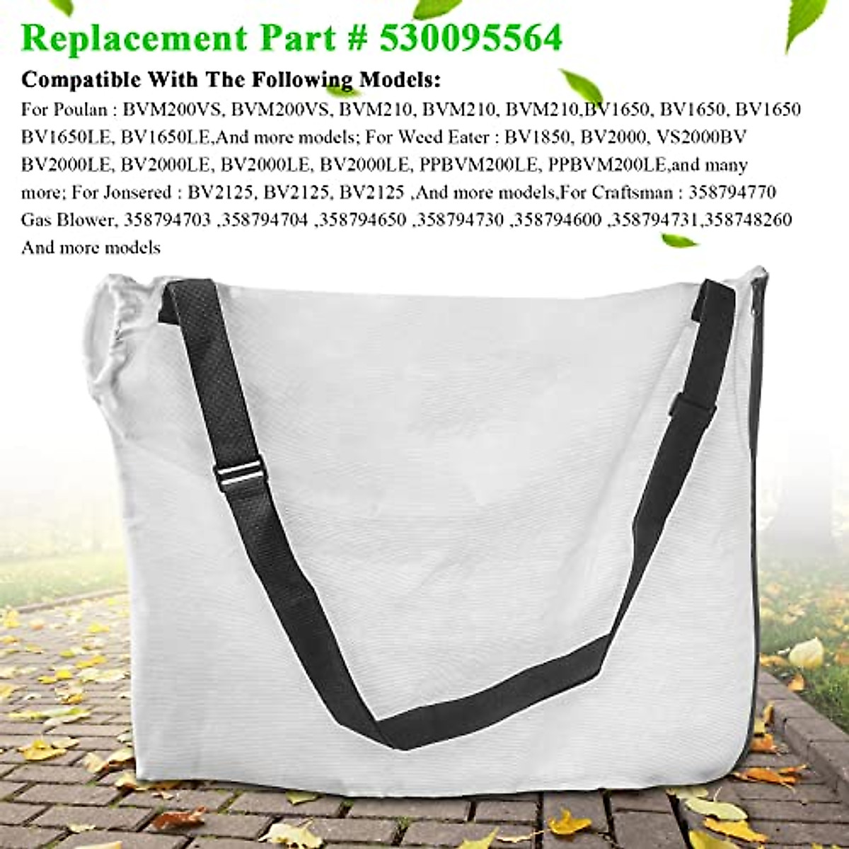 530095564 Blower Leaf Vacuum Bag - for Husqvarna Craftsman Poulan Pro Poulan Weed Eater Roper Sears Rally EHP & Yard Pro 530095599 Leaf Vacuum Bags Bottom Zippered Design- 2 Pack