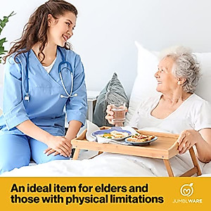 JumbleWare Bamboo Bed Tray. Portable Wooden Breakfast in Bed Serving Table Set with Folding Legs & Carry Handles for Eating Food or Working on Laptop. Great Home Gift for Women, Men, Kids & Elderly