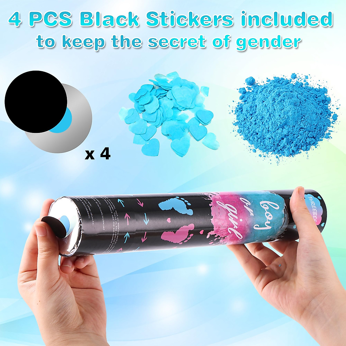 Threebees 4 Pack Gender Reveal Confetti Cannon, Biodegradable Blue Confetti Paper with Cornstarch Powder, Air Powered Launches 16-26ft, Confetti Blaster for Boy Gender Reveal, Blue