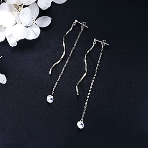 SLUYNZ 925 Sterling Silver CZ Droplet Dangle Earrings Chain for Women Teen Girls Long Dangle Earrings Curved Tassel (A-Silver)