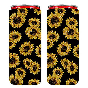 XccMe 2pcs Slim Can Cooler, Colourful Neoprene Beer Cooler Beer Coolies Beer Holders Perfect for 12oz Slim Cans like Red Bull, White Claw, Slim Beer and Spiked Seltzer Water（Sun Flower）