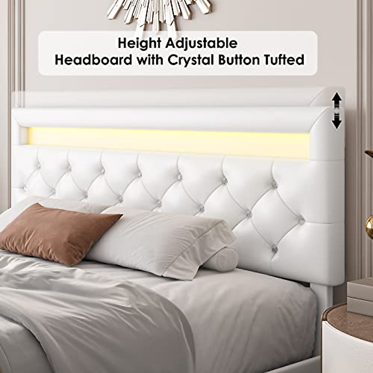 Keyluv Queen Upholstered LED Bed Frame with 4 Storage Drawers and Adjustable Crystal Button Tufted Headboard, Platform Bed with Solid Wooden Slats Support, No Box Spring Needed, White