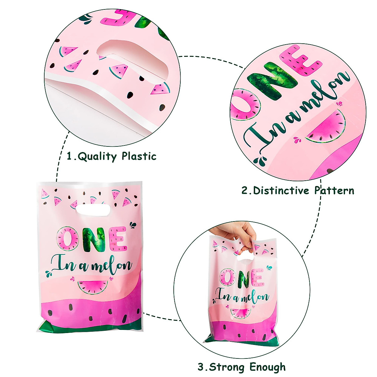 3sscha 50Pcs One in A Melon Party Favor Bag Watermelon Themed Waterproof Goodie Bag with Die Cut Handles Summer Glossy Plastic Candy Gift Bags for Kid First Birthday Baby Shower Decoration Supplies