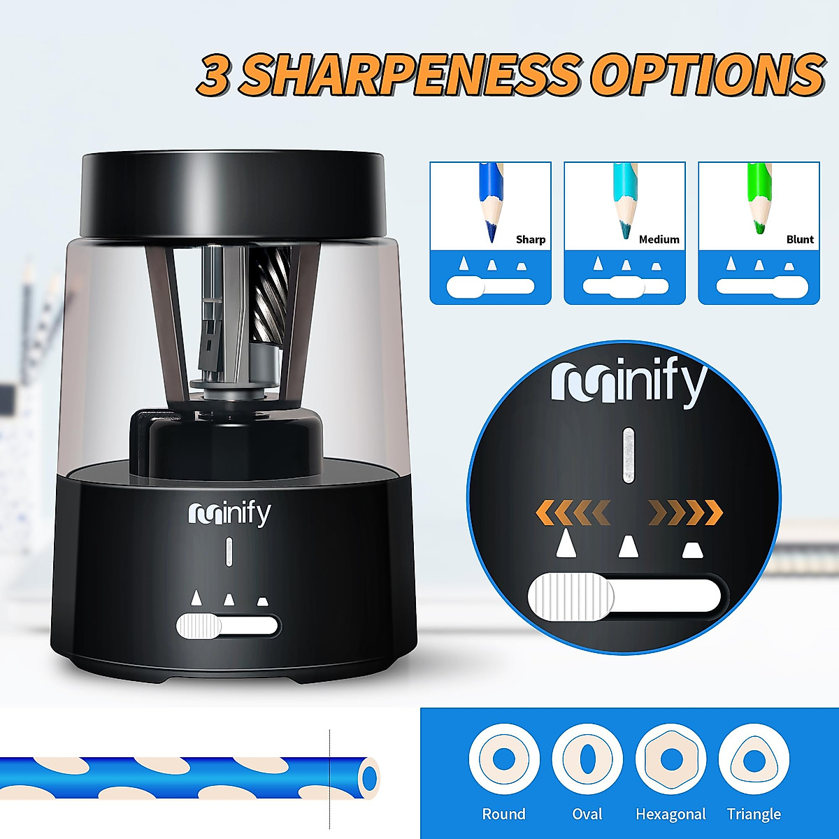 Pencil Sharpener Minify Electric Pencil Sharpener Heavy Duty Blade Rechargeable Battery Powered Pencil Sharpeners for 6-8mm Colored Pencils Auto Stop Fast Sharpen in 3s Ideal for Office/School/Home
