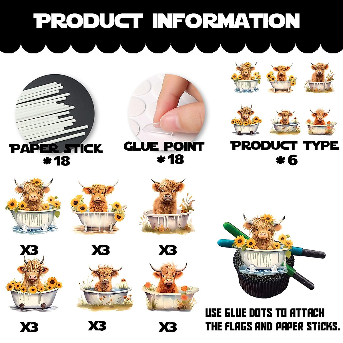 18pcs Brown Glitter Highland Cow Dessert Cupcake Topper Pick for Country Western Bull Riding Bull Rider Competition Theme Decor Supplies Baby Shower Boys Girls Birthday Party Decorations