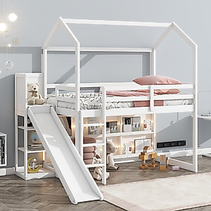 BOVZA Twin House Loft Bed with Slide, Storage Shelves and LED Light, Wood Twin Low Loft Bed Frame with Roof and Ladder, Playhouse Loft Bed for Kids Boys Girls Teens, White