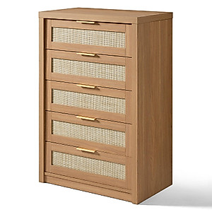 OAKHAM HOME 5 Drawer Dresser, Rattan Dresser for Bedroom with 5 Storage Drawers, Tall Dresser Chest of Drawers for Closet Bedside, Living Room Hallway 17.7" D x 29.5" W x 46.7" H, Weathered Oak