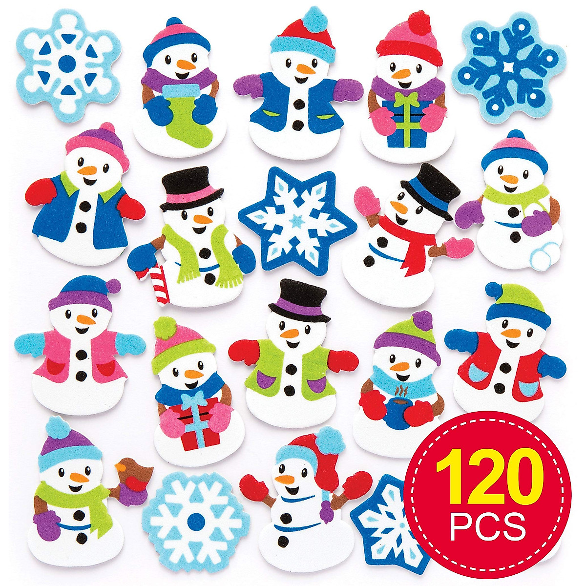 Baker Ross AR685 Snowman Foam Stickers - Pack of 120, for Kids' Christmas Crafts and Art Projects, Cards, Party Bags, and Ornaments, White