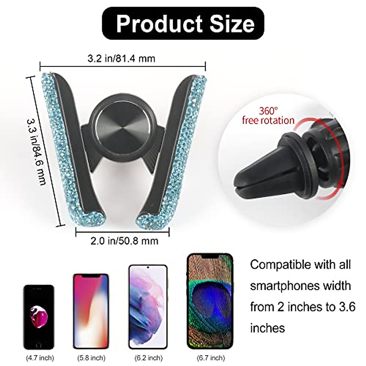 Amiss Bling Cell Phone Holder, Universal 360°Adjustable Car Phone Mount with One More Air Vent Base, Crystal Car Interior Decoration, for Dashboard and Air Vent - Pale Blue