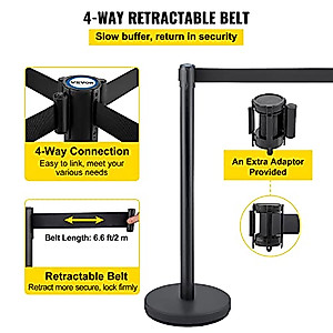 VEVOR Crowd Control Stanchion Set, Stanchion Set with 6.6 ft/2 m Black Retractable Belt, Black Crowd Control Barrier w/Concrete and Metal Base - Easy Connect Assembly (8)