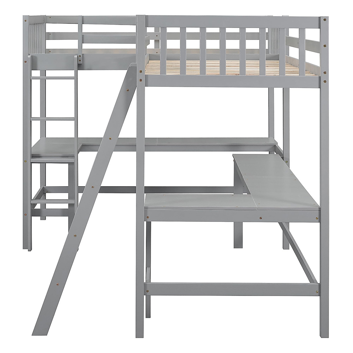 CITYLIGHT L-Shaped Loft Bed with 2 Built-in L-Shaped Desks,Wood Twin Size Loft Bed with Desk Underneath for Kids,Double Loft Beds with Guardrails and Ladders for Boys Girls Teens,Grey