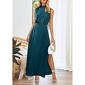 PRETTYGARDEN Women's Long Formal Satin Dress Mock Neck Sleeveless Side Slit Flowy Maxi Tank Dresses (Dark Blue,Medium)