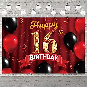 Happy 16th Birthday Red Banner Gold Backdrop Red and Black Balloons Theme Decor for Girls Women Princess 16 Years Old Birthday Party Supplies Photo Booth Props Background Favors Decorations Glitter
