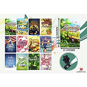 Seasonal Garden Flags Set Of 12 And Garden Flag Organizer, 12 x 18 inch Double Sided Yard Flags, 21 Pockets Of Flag Organizer. Puncture Resistant, Strong Metal Hook, Organizer Easy To See Through