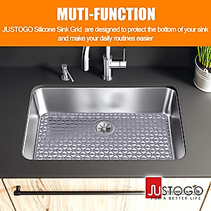 JUSTOGO Sink Protectors for Kitchen Sink 27.5'' x 15.7'', Kitchen Sink Mats Heat Resistant Silicone Mat for Stainless Steel Sink, Sink Mats for Bottom of Kitchen Sink, Rear Drain