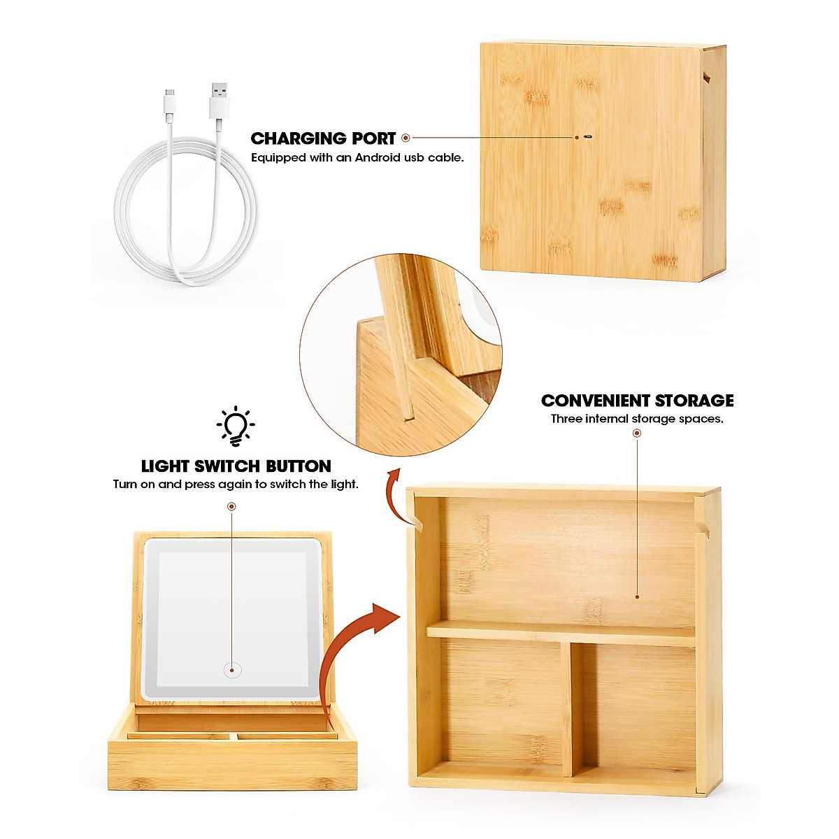 Onism Bamboo Makeup Organizer with LED Light Mirror, Cosmetic Organizer Storage for Store Cosmetics, Makeup Brushes, Jewelry, Hair Accessories, Perfect for Bathroom, Bedroom, Vanity