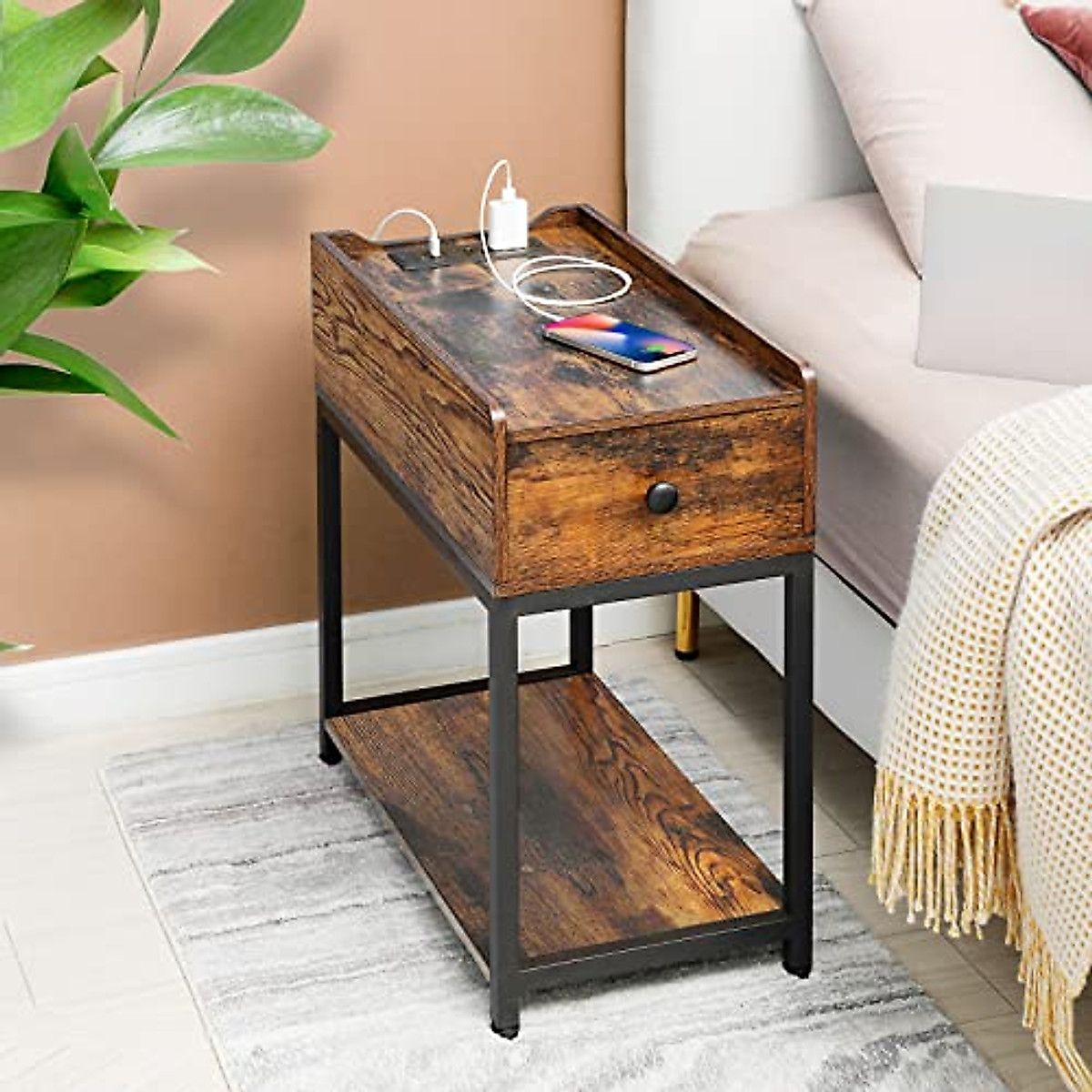 AMHANCIBLE End Table Living Room with Charging Station, Narrow Nightstand with USB Ports & Power Outlets, Slim Bedside Table for Small Spaces, Bedroom, Rustic Brown HET04LDBR1