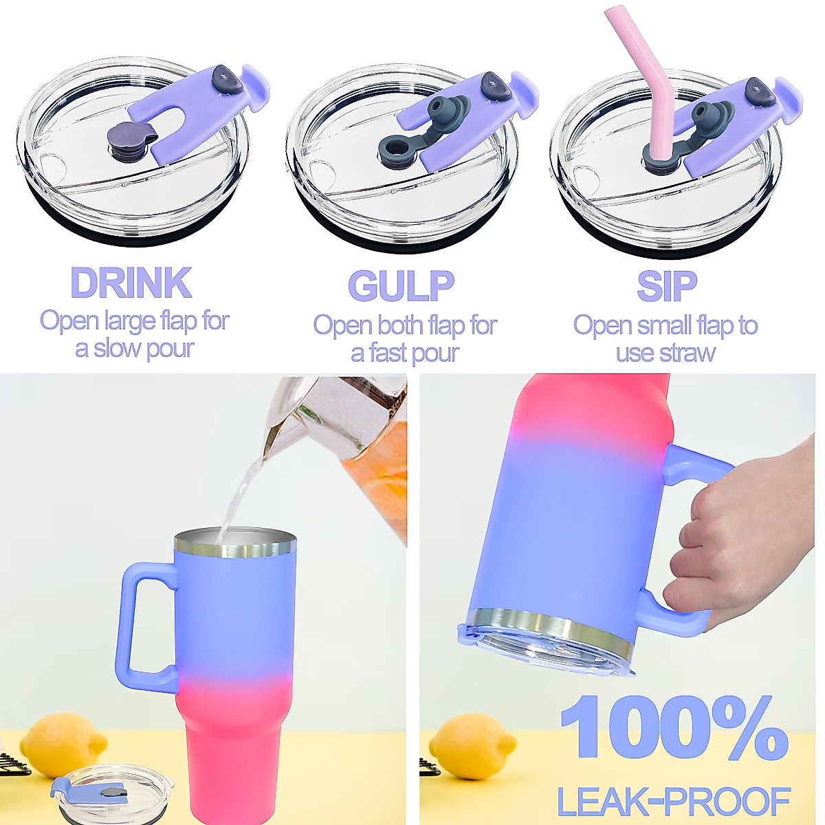 40 oz Tumbler with Handle and Straw-Stainless Steel Insulated Tumbler with Straw, Water Bottle with Straw and Handle, Insulated Cup with Straw and Lid in Car Cup Holder（Pinkpurple)