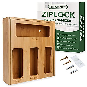 Ziplock Bag Storage Organizer for Kitchen Drawer - Bamboo Zip Lock Plastic Baggy Dispenser - Magnetic Sliding Lid for Easy Refill - Ziplock Bag Organizer Fits Gallon, Quart, Sandwich, Snack Baggies