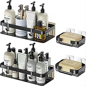 Shower Caddy, Stainless Steel Bathroom Organizer, Black Shower Shelf with 2 Hooks, No Drilling Shower Organizer for Bathroom Storage (Black-4 Pack)