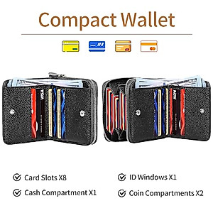 XINNSTAR Genuine Small Wallet for Women, Slim RFID Blocking Credit Card Holder with ID Window, Compact Purses for Women with 8 Card Slots