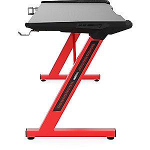 GAMDIAS Zeus Large Gaming Desk with Carbon Fiber Look Surface Home Office Computer Table, Gamer Workstation with The Cup Headset Holder, Black, Red