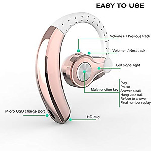 PONYBRO Wireless Headset with Mic,Unmatched Comfy Wireless Earbud w/ 8 Hrs, HiFi Sound Cell Phone Earpiece Hands Free Headphone Compatible with Android/iPhone/Smartphones/Laptop, Rose Gold