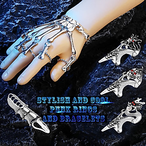 5 Pieces Full Finger Ring Punk Wristband Skull Fingers Hand Bracelet Skull Finger Skeleton Joint Bracelet Knuckle Full Ring for Halloween Accessories (Silver)