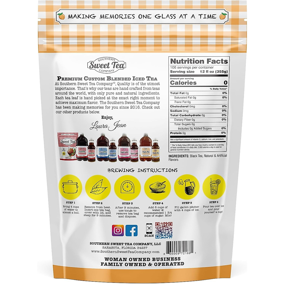 Iced Tea Bags Georgia Peach One Gallon Size,10 Gallon Per Pack, Unsweetened Caffeinated Quick Brew Real Southern Ice Tea by Southern Sweet Tea Company