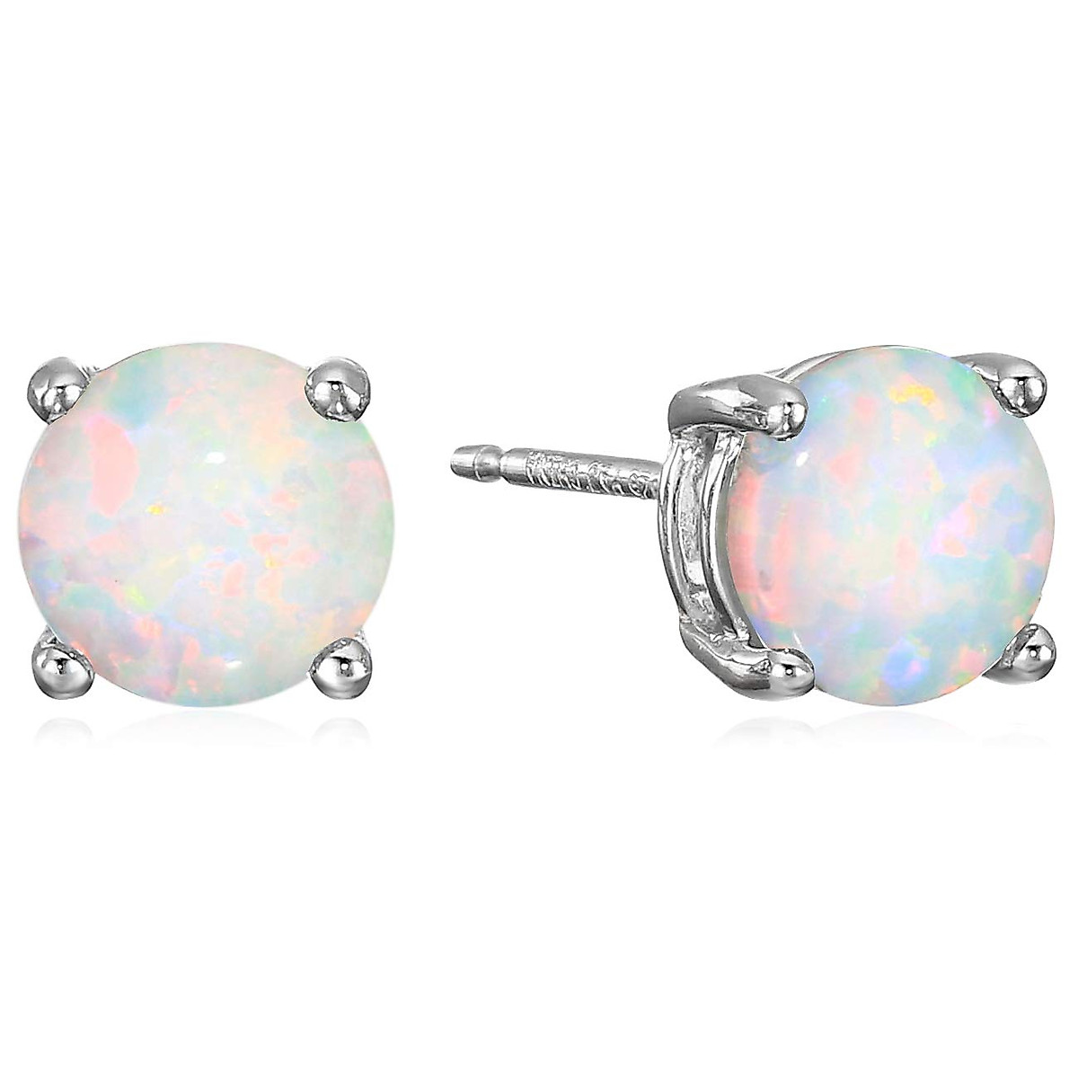 Amazon Essentials Sterling Silver Round Created Opal Birthstone Stud Earrings (October) (previously Amazon Collection)