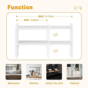 ZEKBEAN 2 Tier Expandable Cabinet Shelf Organizer Over the Sink Storage Rack Adjustable Countertop for Kitchen Bathroom Pantry Spice Cupboard Dish Cup Bottle Pot Metal Plate Heavy Duty Nonslip(White)