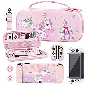 RHOTALL Cute for Carrying Case Set for Nintendo Switch OLED, Pink Storage Case for Switch OLED and Accessories with Protective Case, Screen Protector, Adjustable Shoulder Strap, 2 Thumb Caps