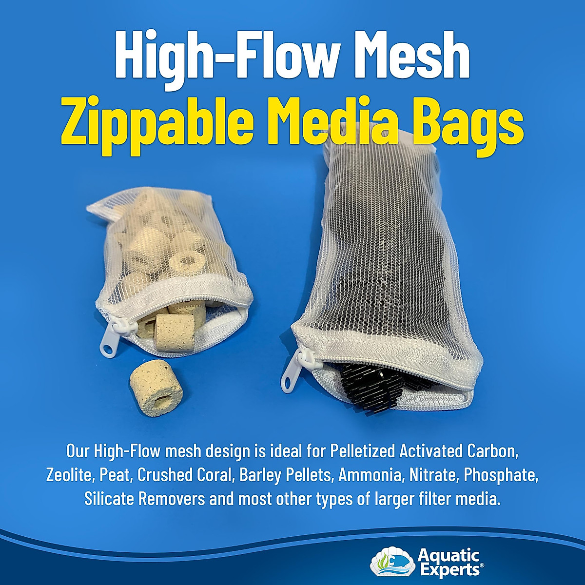 Aquatic Experts High Flow Filter Media Bag - Durable Filter Bags for Fish Tank, Secure Aquarium Media Bag with Drawstring, Media Bags for Aquarium and Pond, High Flow (Zipper), 3” x 4” – 4 Pack