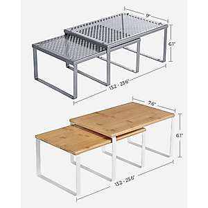 SONGMICS Bamboo Shelf Organizers and Metal Shelf Organizers Bundle, Stackable, Expandable Kitchen Shelves, Silver, Natural and White UKCS01SV and UKCS02NW