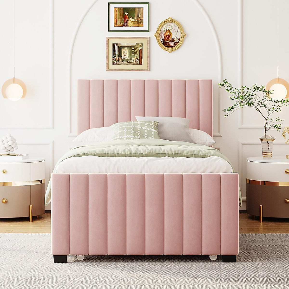 YOPTO Twin Size Upholstered Bed with Twin Size Trundle, Velvet Platform Bed Frame w/Headboard for Bedroom,No Box Spring Required,for Bedroom Guest Room,Pink