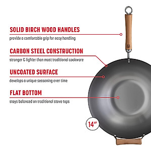JOYCE CHEN Classic Series 14-Inch Uncoated Carbon Steel Wok Set with Lid and Birch Handles, 4 Pieces