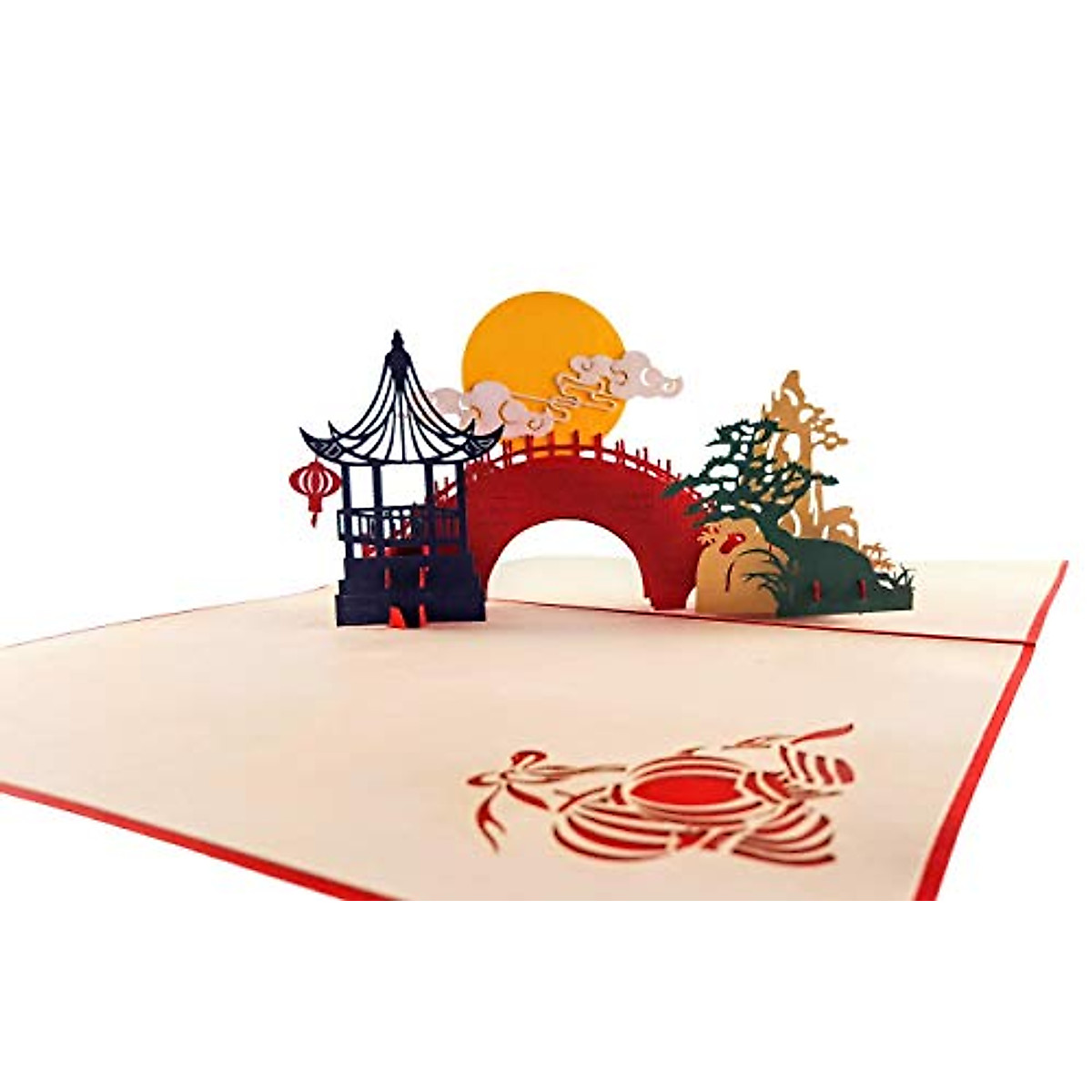 iGifts And Cards Inspirational Asian Pavilion Scenery 3D Pop Up Greeting Card Full Moon, Romantic Bridge, Lanterns, Pine Tree, Half-Fold, All Occasion, Birthday, Mid-Autumn Festival, Chinese New Year