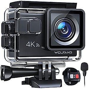 WOLFANG GA100 Action Camera 4K 20MP Waterproof 40M Underwater Camera EIS Stabilization WiFi 170° Wide Angle Helmet Camera (External Microphone, Remote Control, 2 Batteries and Accessory Kit)