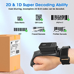 Alacrity 2D Wireless Wearable Glove Barcode Scanner, Bluetooth 2.4GHz Wireless USB 3 in 1, Right Hand Wearing Wireless Bar Code Reader Compatible with Smartphone Tablet
