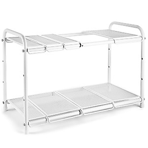 Simple Trending 2-Tier Under Sink Expandable Cabinet Shelf Organizer Rack with 8 Removable Panels for Kitchen Bathroom Storage, White