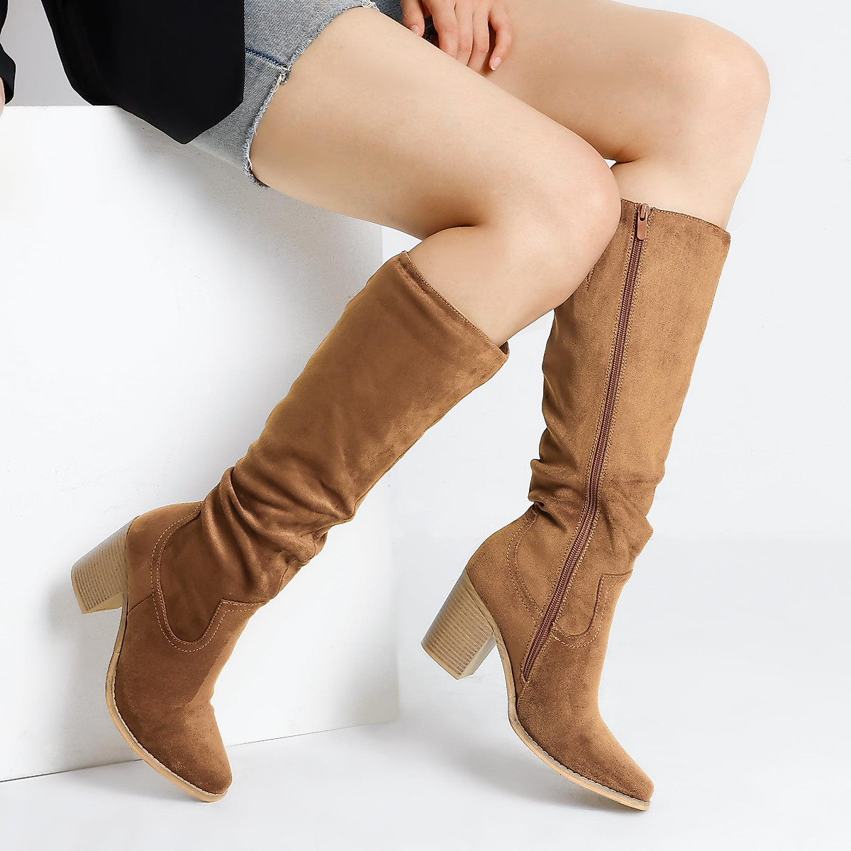 DREAM PAIRS Tall Boots For Women, Comfortable Chunky Block Heel Pointed Toe Pull On Side Zipper Suede Slouch Riding Boots, Camel, Size 7, Sdkb2308w